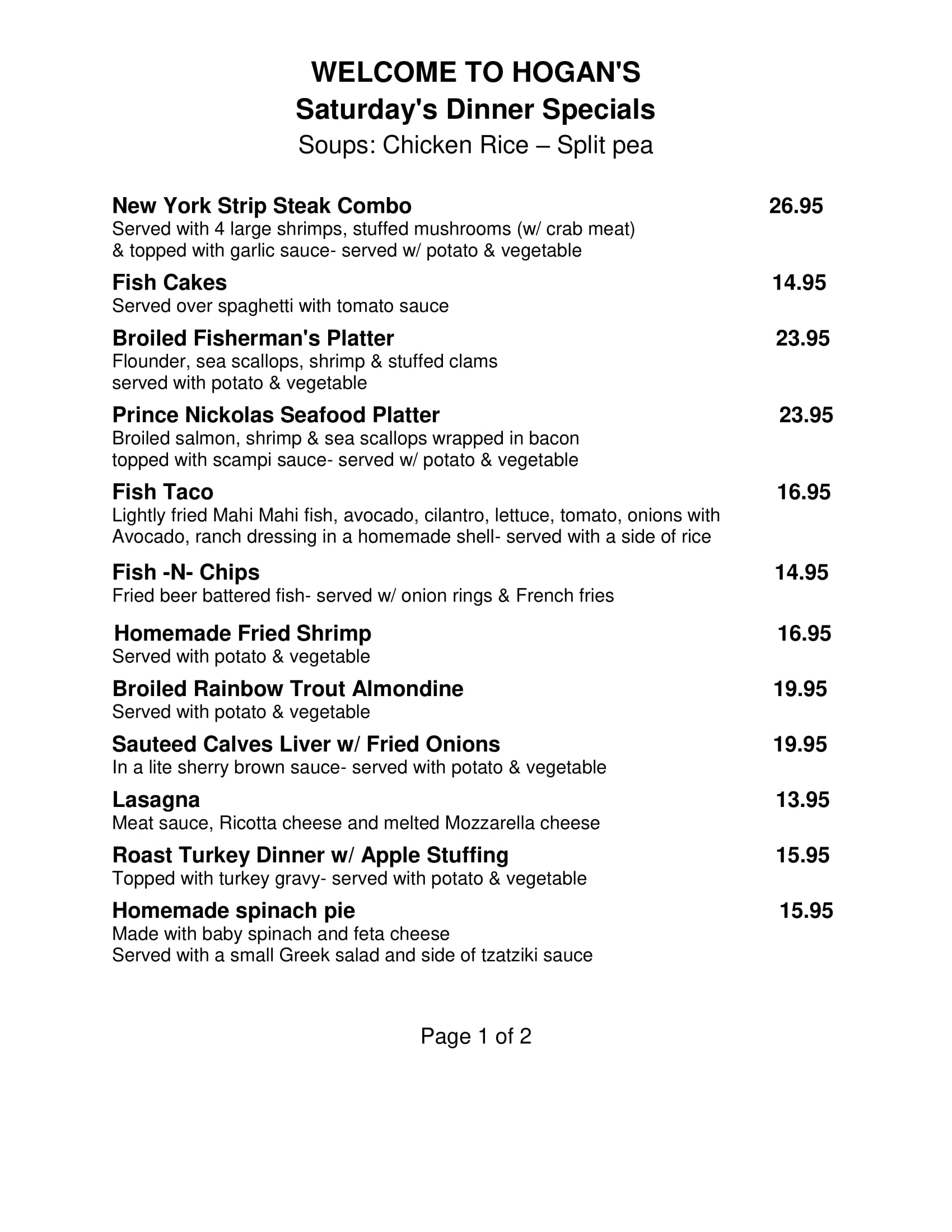 Menu | Hogan's Diner